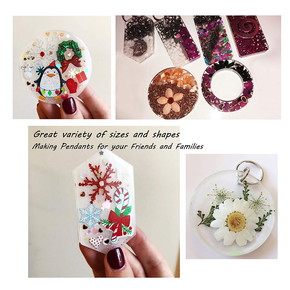 TuNan Set of 14 Casting Resin Molds Jewelry Making, Large & Small, 11 Silicone Pendent Trays with Hanging Hole & 3 Snowflake Charms Mould for DIY Craft - Circle/Square/Rectangle/Ring/Oval