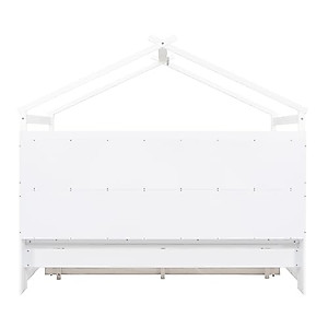 DEYOBED Full Size House Bed with Storage Shelves and Twin Size Trundle, Wooden Full Playhouse Bed, Canopy Bed, House Shape Bed Frame for Kids Boys Girls, No Box Spring Needed, Brushed White