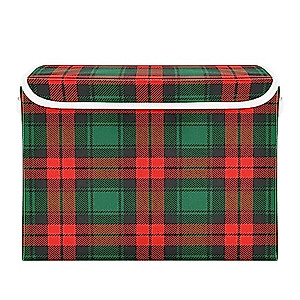 Ollabaky Christmas Plaid Larger Collapsible Storage Bin Fabric Decorative Storage Box Cube Organizer Container Baskets with Lid Handles for Closet Organization, Shelves