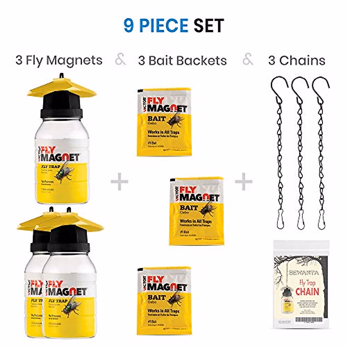 [Set of 3] Reusable Outdoor Fly Traps 32 oz - Fly Magnet Bait Trap - Made in USA - Bundled with 3 Bait Refills and 3 Hanging Chains