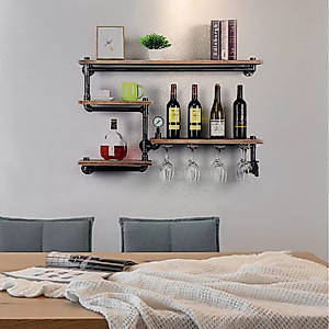 Wall Wine Rack with 4 Stem Glass Holder Wall-Mounted Wine Racks, 39.37" Industrial Pipe Shelf Wine Rack Metal Floating Bar Shelves, Farmhouse Wall Shelf Wine Holder for Kitchen Dining Room Bar