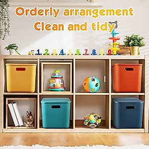 Hoolerry 8 Pieces Colorful Storage Bins with Lid and Handle, Plastic Stackable Baskets Desktop Cube Box Cubby Bins Containers for Shelf Cabinet Bedroom Office (Multi-colored,14.2 x 10.2 x 9.5 Inch)