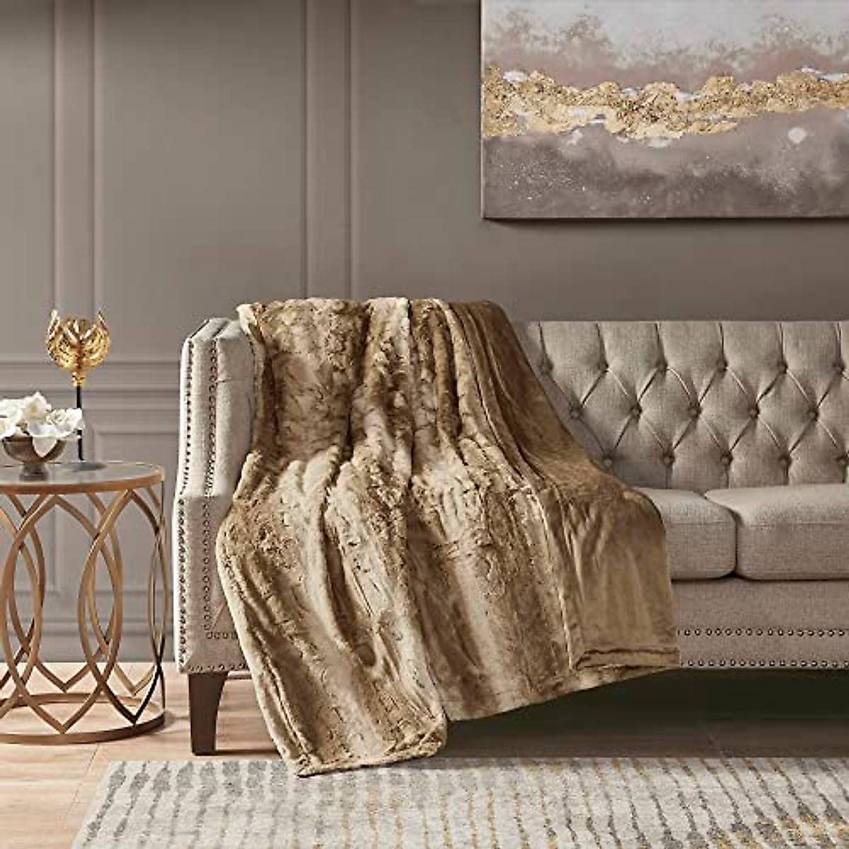 Madison Park Zuri Soft Plush Luxury Oversized Faux Fur Throw Animal Stripes Design, Faux Mink On The Reverse, Modern All Seasons Blanket for Bed, Sofa Couch, Office, Tan, 60x70"