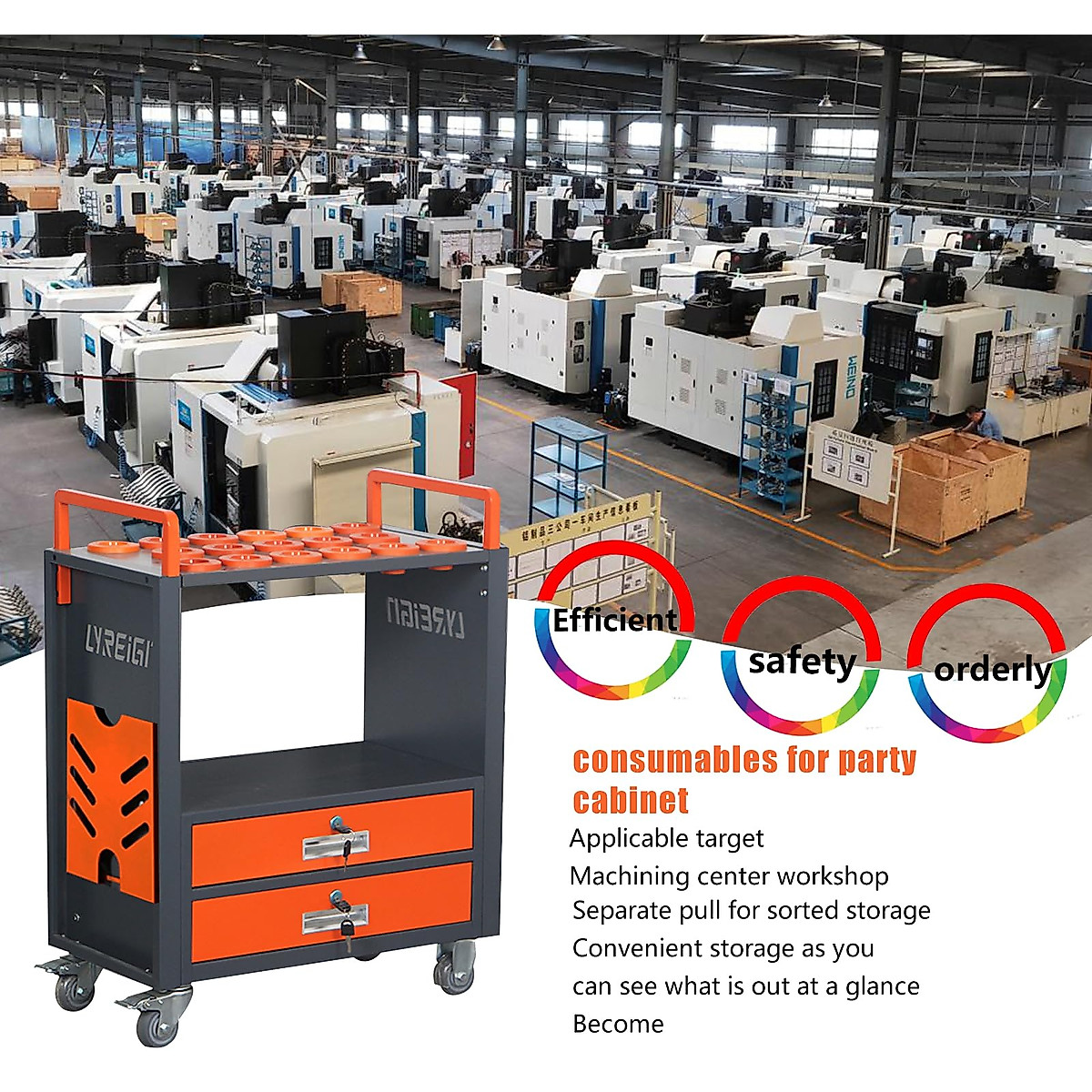 LYREIGN Multi-Function Workshop CNC Tool Holder Transfer Cart, CNC Tool Rolling Car with Wheels, CNC Tool Holders Station for Storehouse Factory Garage