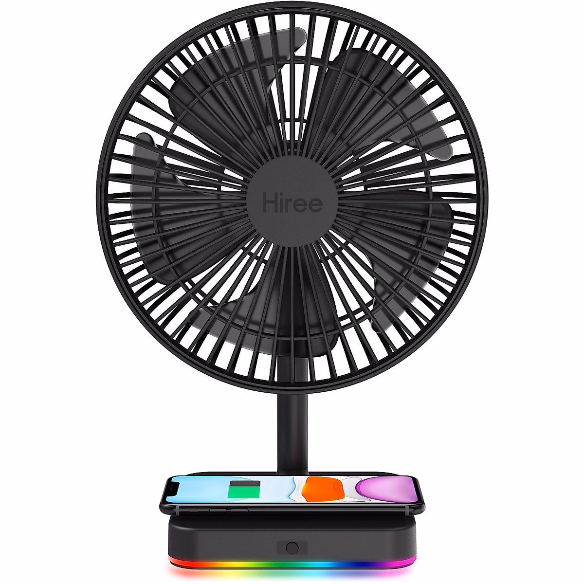 Hiree Table Fan with LED Lights, 2 Speeds Quiet Air Circulator Personal Desk Fan with 10W/7.5W Fast Charger QI Wireless Charging Pad - Suitable for Home, Bedroom, Office, Dorm