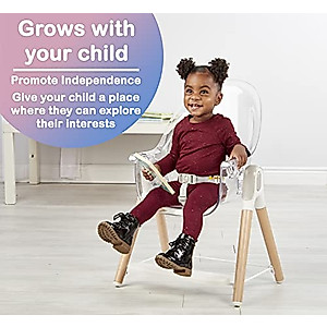 Primo Vista 3-in-1 Convertible High, Toddler, & Rocking Chair, Clear, Transparent Seat, Grows with Child, Modern Style, Adjustable Wooden Legs, Easy to Use, Assemble, Safe & Sturdy, 21.5 x 25 x 40.5"