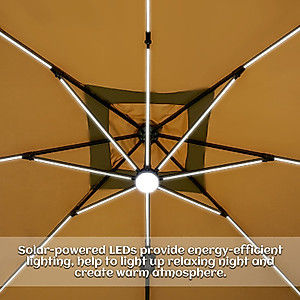 Sunnyglade 10x13ft Solar Powered LED Cantilever Patio Umbrella Square Deluxe Offset Umbrella 360°Rotation & Integrated Tilting System & LED lights for Market Garden Deck Pool Backyard Patio