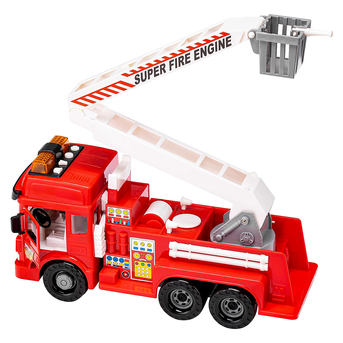 FUNERICA Large Fire Truck Toy with Lights and Sounds - Doors That Open - Big Folding Ladder - 7 Toy Figures and Firemen - Red Firetruck Engine for Toddlers and Kids