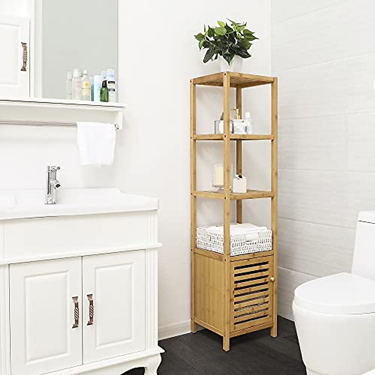 SONGMICS Bamboo Bathroom Storage Floor Cabinet, 4 Tiers Multifunctional Floor Shelving Unit, Free Standing Tower Corner Rack, Natural UBCB50Y