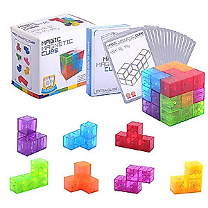 WorWoder Kids Magnetic Building Blocks Magic Magnetic 3D Puzzle Cubes, Set of 7 Multi Shapes Magnetic Blocks with 54 Guide Cards, Intelligence Developing and Stress Relief Fidget Toys for Kids Adults
