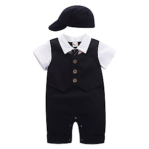 IDOPIP Baby Boy One-Piece Rompers Short Sleeve Jumpsuit Gentleman White Shirt Waistcoat Bowtie Tuxedo Formal Suit Infant Birthday Wedding Christening Outfit Clothes with Hat Black + Hat 6-9 Months