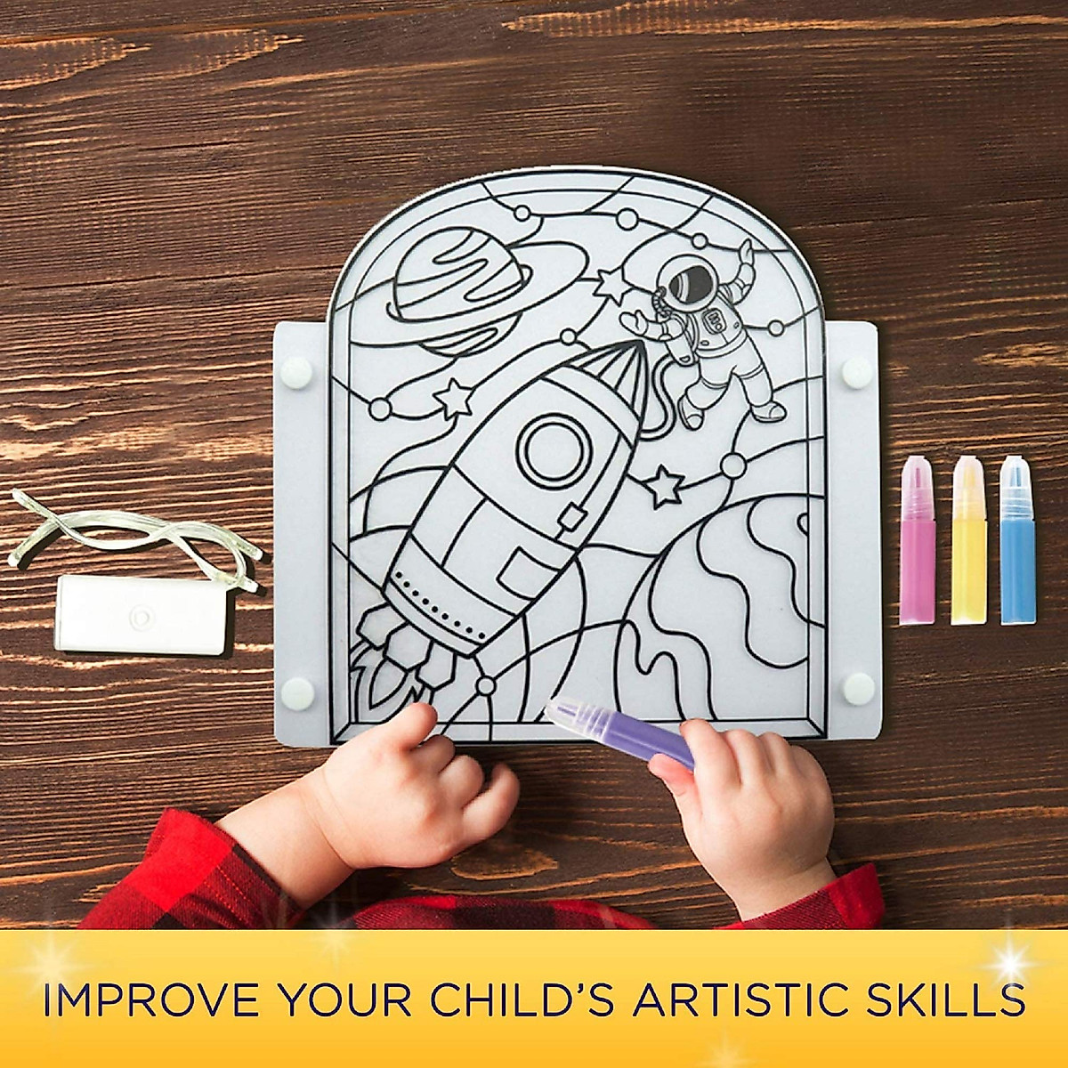 Kids NightLamp DIY Kit- Creative Arts and Crafts for Girls and Boys Ages 5 Years and up- Stained Glass lamp with Window Paint and Circuit - Best Gift Art Kits