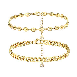 YANODA Gold Chain Bracelet 18K Gold Plated Dainty Cuban Bracelet Coffee Bean Bracelets Set for Women Minimalist Layering Stacking Handmade Bracelet Gift for Women
