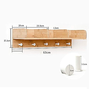 PIBM Stylish Simplicity Shelf Wall Mounted Floating Rack Wooden Solid Wood Shelves Storage Books Living Room 5 Hooks,63X15.1X20Cm,2 Colors Avaliable, Wood Color