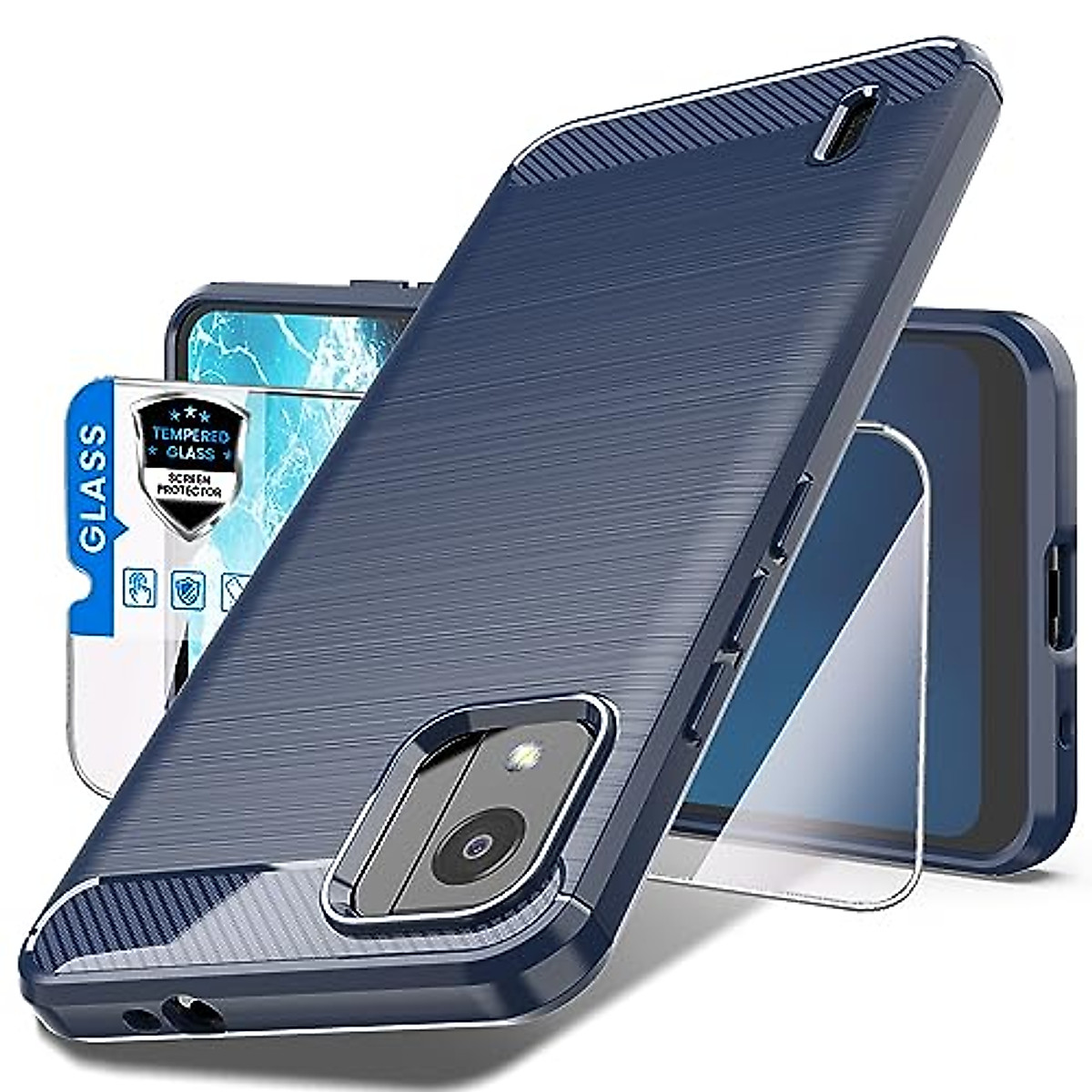 Dretal for Nokia C110 Case with Tempered Glass Screen Protector, Shock-Absorption Brushed Flexible Soft TPU Carbon Fiber Protective Cover for Nokia C110 (Navy)