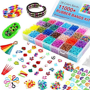 Inscraft Rubber Band Refill Kit: Over 11000 Rubber Bands, 28 Colors with Container, 600 Clips, 200 Beads, 52 ABC Beads, Premium Bracelet Making Refill Kit for Girls Kids Gift DIY Craft