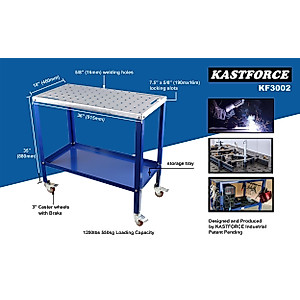 KASTFORCE KF3002 Rust-Free 36”×18” Welding Table 1200 lbs Loading Capacity, Wedling Cart Universal Work Table with 5/8" Holes, Top Thickness up to 10Ga, Withstands Heat up to 1600 Fahrenheit