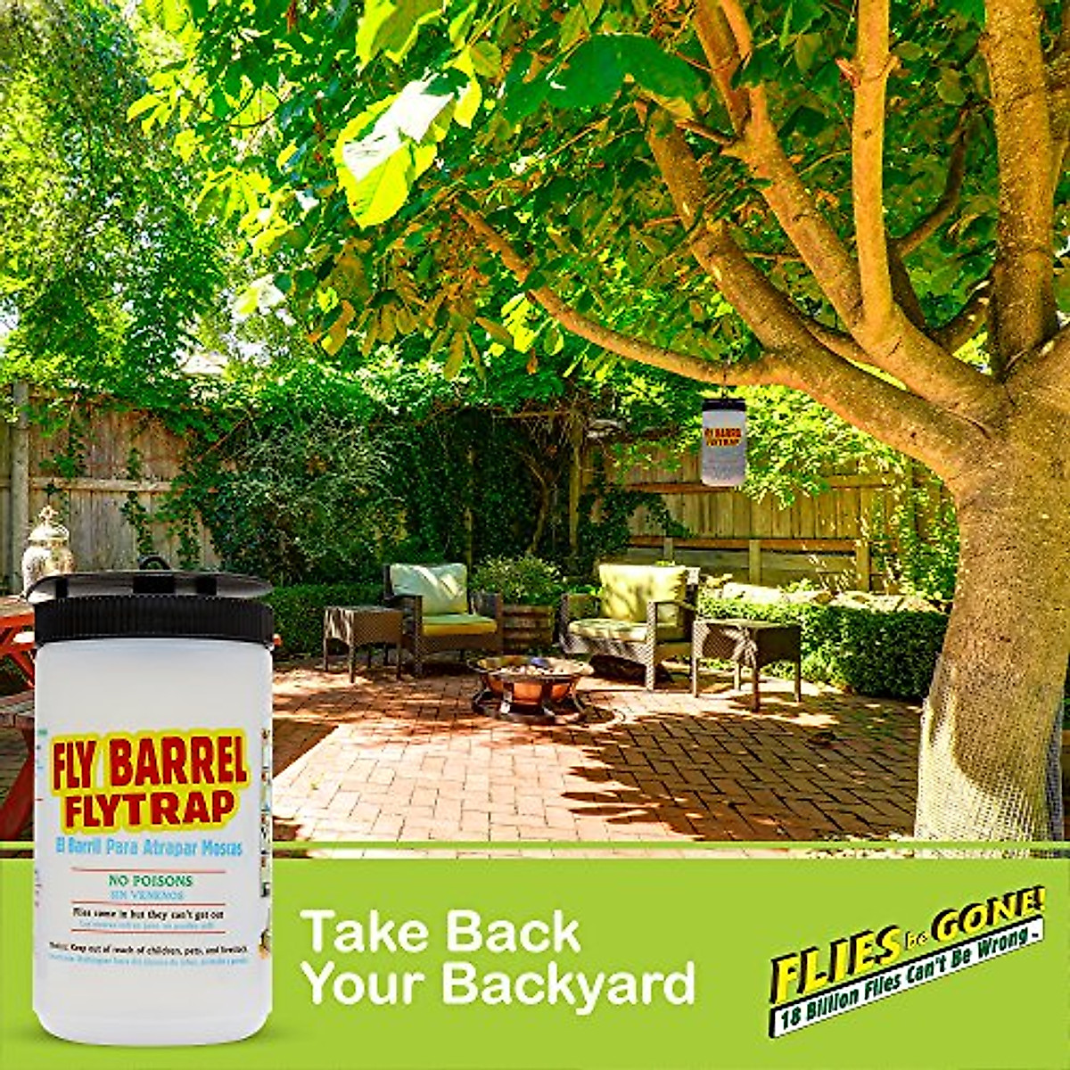 Flies Be Gone Barrel Fly Trap - Reusable Container with Patent Pending Screw Lid – 2 Non-Toxic, Poison and Pesticides Free KM34 Fly Attractant Packs - for Outdoor Home and Commercial Use