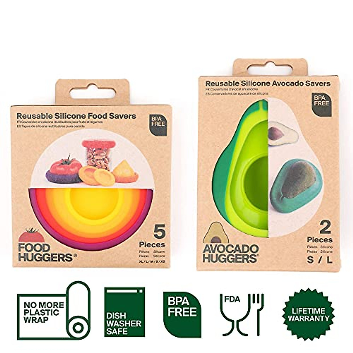 Food Huggers Zero Waste Starter Kit - (7 Pieces) -Avocado Hugger Saver Covers (Set of 2) + Reusable Silicone Food Savers Autumn Harvest (Set of 5), Dishwasher Safe, Keeps Food Fresh