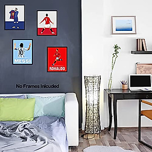 Cristiano Ronaldo and Lionel Messi Wall Art, World Cup Posters, Soccer Superstar Canvas Posters, Motivational Football Sports Art Prints for Office Living Room Home Decor, Set of 4 (8"x10" Unframed)