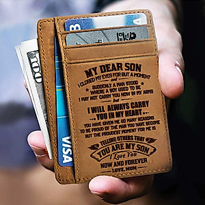 Fathers Day Birthday Gifts for Men, Graduation Gifts for Son from Mom, To My Son Engraved Leather Wallet, Mother and Son Gifts, Mens Wallets, Front Pocket Wallet, Slim Minimalist Wallets For Men