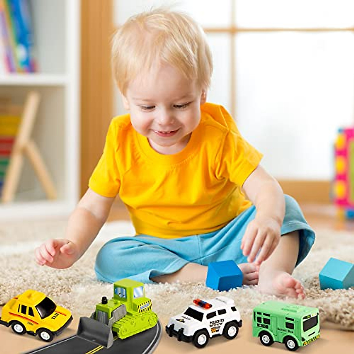 JOYIN 18 Piece Pull Back City Cars and Trucks Toy Vehicles Set Model Car, Friction Powered Die-Cast Cars for Toddlers, Boys, and Girls’ Educational Play, Easter Basket Stuffers Egg Fillers