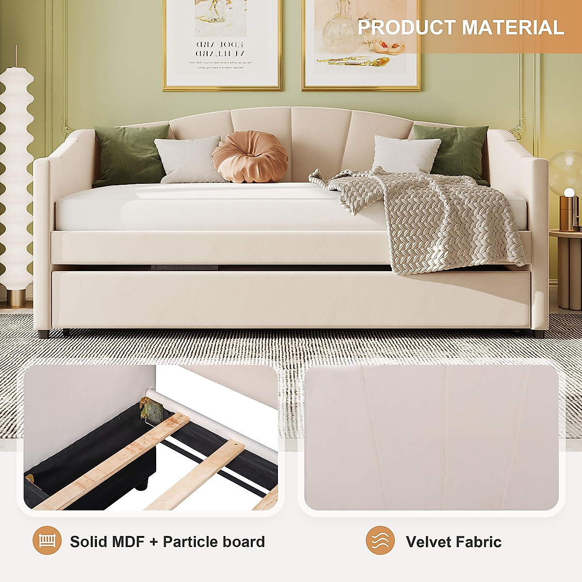 Flieks Twin Size Upholstered Daybed,Solid Wood Sofa Bed Frame Daybed Couch with Trundle Bed and Wood Slat,Beige