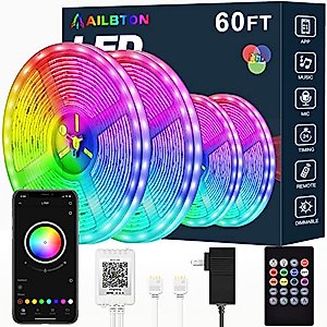 AILBTON Led Strip Lights,60ft Led Light Strip Music Sync Color Changing RGB Led Strip Built-in Mic,Bluetooth App Control LED Tape Lights with Remote,5050 RGB Rope Light Strips