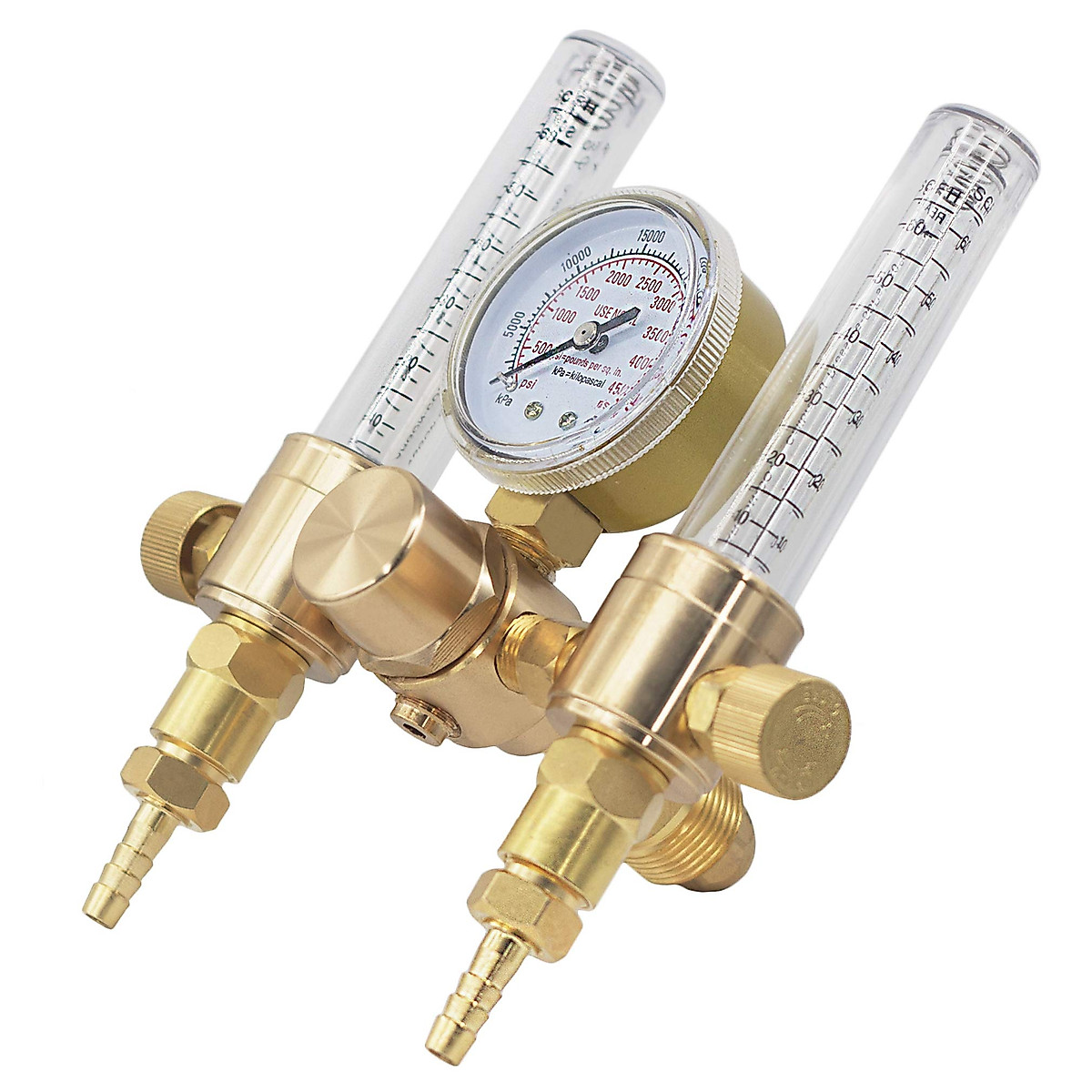 AWLOLWA Argon Regulator Dual Output CO2 Flowmeter for TIG MIG Welder Gas And Backpurge 60 SFCH - CGA 580 Inlet Connection And 5/8" x 18RH Outlet Fitting - Accurate Gas Metering Delivery System