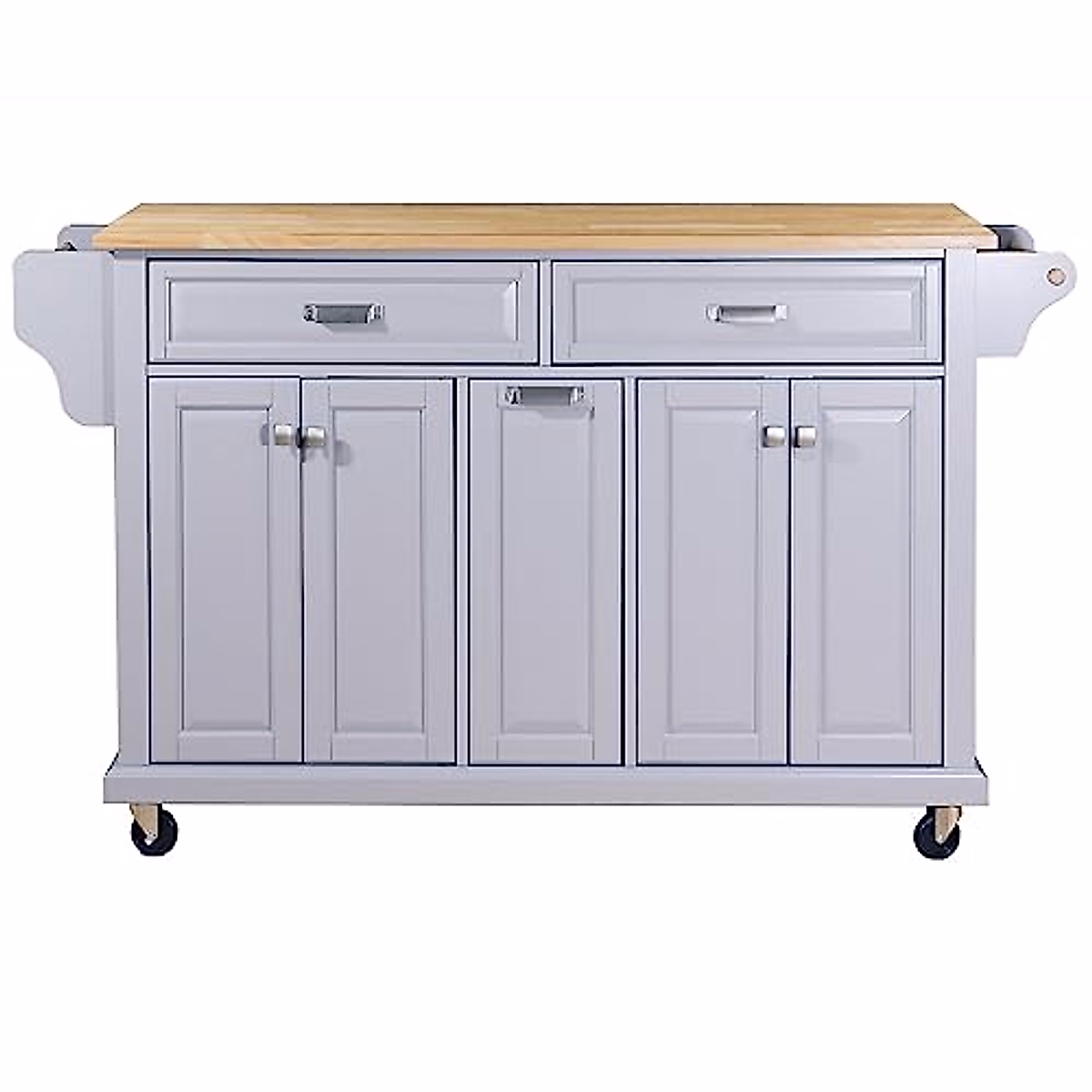 LKTART 51'' Mobile Kitchen Island Extensible 60.5''Solid Wood Table Top with 3 Drawers 4 Doors Spice Rack Towel Rack Movable on Wheels Kitchen Island for Kitchen