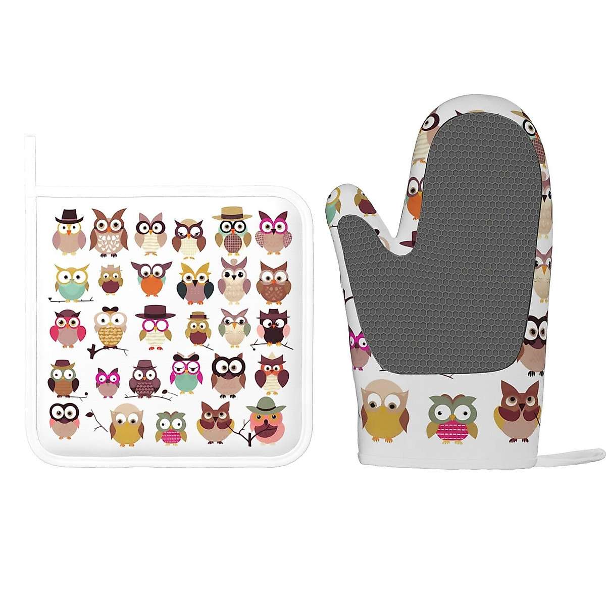 Oven Mitts Pot Holders Sets Funny Owl Cartoon Silicone Oven Gloves Kitchen Accessories for Baking Cooking Family Gathering