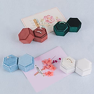 Smileshe Ring Box, Velvet Jewelry Boxes for Proposal Engagement Wedding Ceremony, Hexagon Mini Double Ring Slot Bearer Case with Detachable Lid