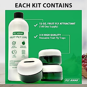 Fly Away - Fruit Fly Trap Kit: 3 Reusable Traps & Liquid Lure. Fast Acting. Stylish Design, Perfect for Kitchens, Bars, Restaurants, Wineries. Catch Fruit Flies for 90+ Days. Indoor Use