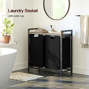 AMHANCIBLE Double Laundry Hamper, 2 Section Laundry Basket, Laundry Room Storage and Organization, Clothes hamper with Table, for Bathroom, Bedroom, Restroom, Rustic Brown HLS02BR