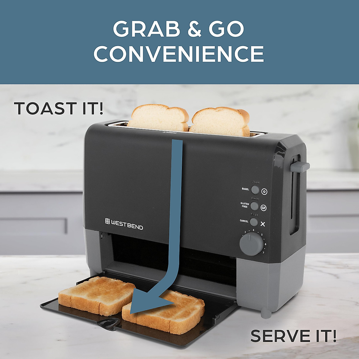 West Bend 77224 Toaster 2 Slice QuikServe Wide Slot Slide Through with Bagel and Gluten-Free Settings and Cool Touch Exterior Includes Removable Serving Tray, Black