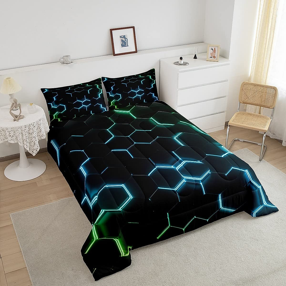 Teal Blue and Black Print Comforter Set Hexagonal Bedding Set Kids Boys Teens Honeycomb Decor Comforter Beehive Geometric Quilt Set Bedroom Collection 3Pcs Full Size