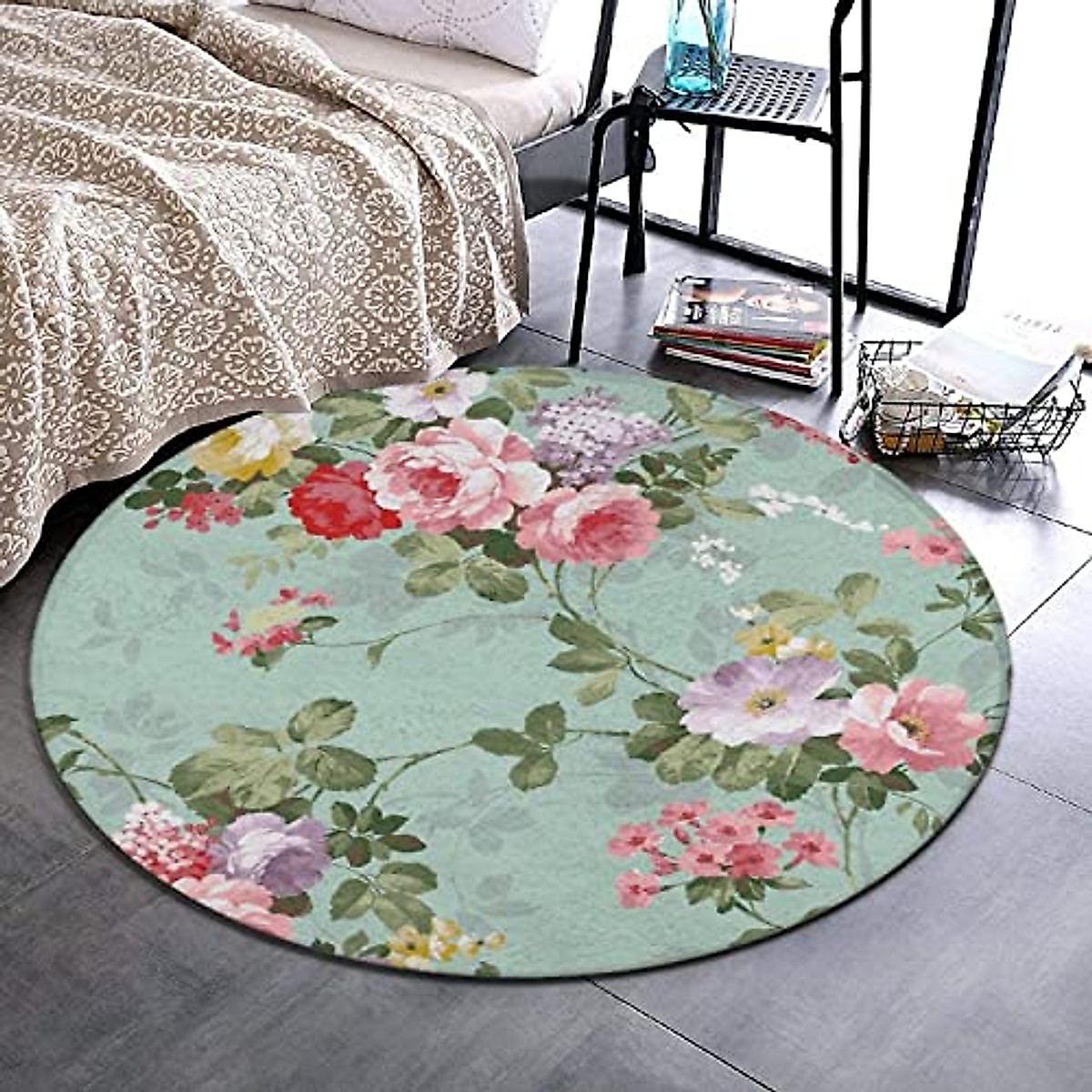 Luxury Soft Round Area Rug Home Decor for Bedroom Living Room Office, Shabby Chic Flowers Roses Pedals Dots Leaves Buds Spring Season Theme, Fashion Throw Rug Circle Carpet, 5ft Diameter