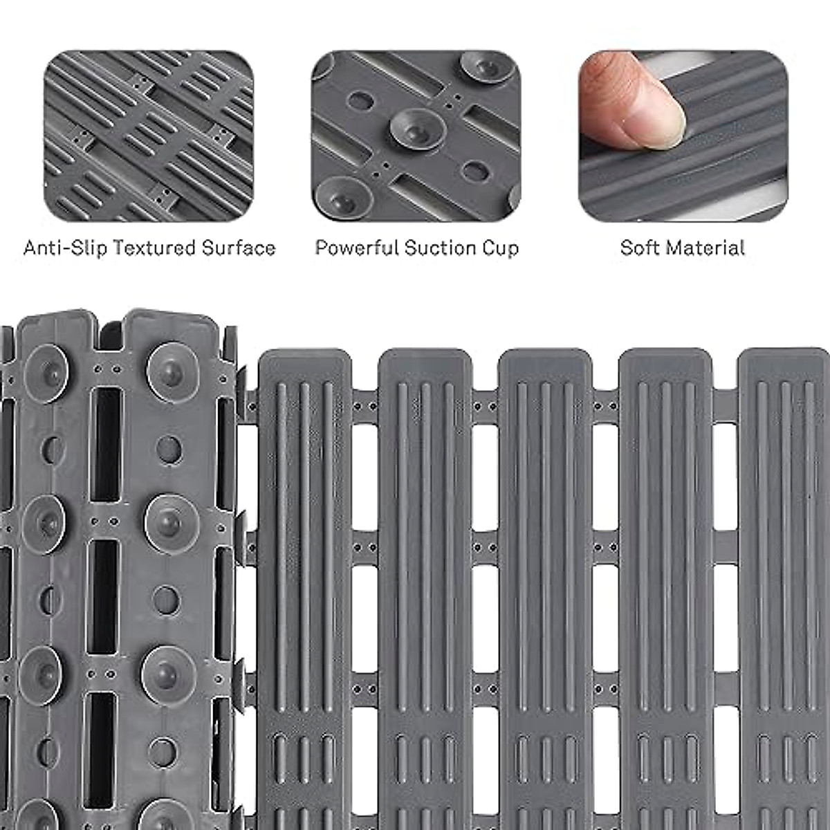 Qidordour Bath Mat for Tub Non Slip Shower Mat, 35.4 x 15.7 Inch Long Bathtub Mats with Suction Cups and Drainage Holes, Anti Slip Soft Bathroom Mat for Inside Shower Stall Tray Toilet Floor, Grey