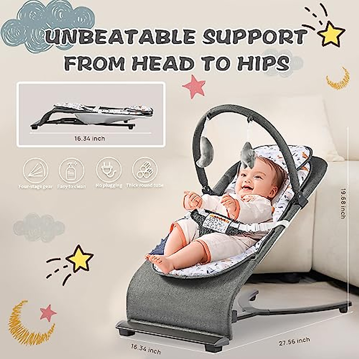 Bouncer for Babies 0-6 Months, Portable Bouncer for Baby,Baby Bouncers for Infants with 3-Point Harness Grey