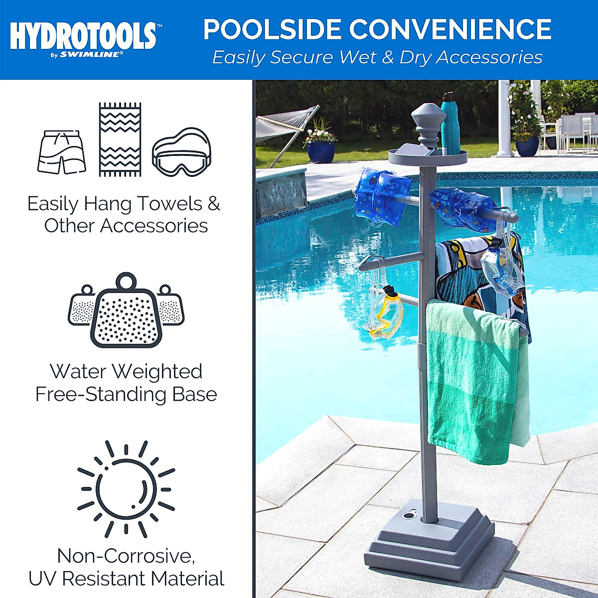 HYDROTOOLS BY SWIMLINE 89033 Premium Free Standing Poolside Valet Towel Rack Adjustable With Water Weighted Base Three Arms Secure Clips For Outdoors & Indoors Pool Patio Poolside Holder Drying Stand