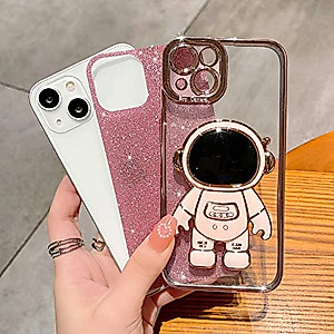 MGQILING Compatible for iPhone 13 Bling Plating Astronaut Hidden Stand Case, Cute 6D Stand Glitter Phone Case for Women Girls Soft TPU Shockproof Back Cover - Pink