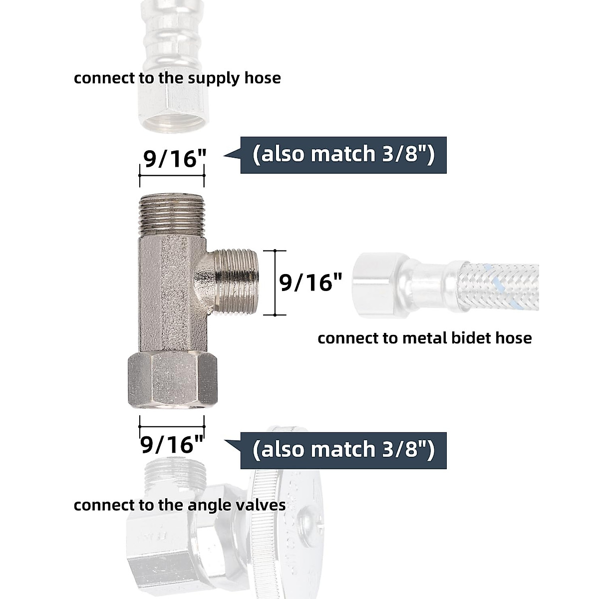 Hibbent Bidet T Adapter, Metal T Valve for Bidet(3/8” x 3/8” x 3/8”), 3 Way Tee Connector Bidet Attachment for Toilet