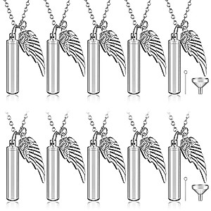 10 Pieces Angel Wing Memorial Keepsake Cylinder Cremation Ashes Necklace Urn Necklaces Holder for Cremation Keepsakes for Men Stainless Jewelry with Filling Kit (0.31 x 1.54 Inch, Silver)