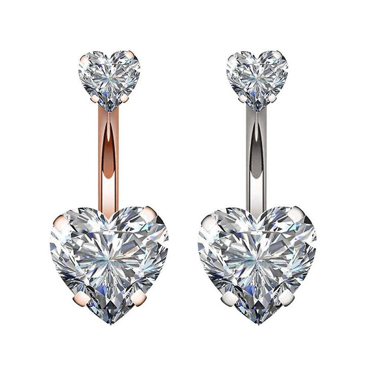 YHMM 14G Surgical Steel Belly Button Rings Double Heart Cubic Zirconia Navel Barbell Stud Body Piercing (A: Silver Tone)