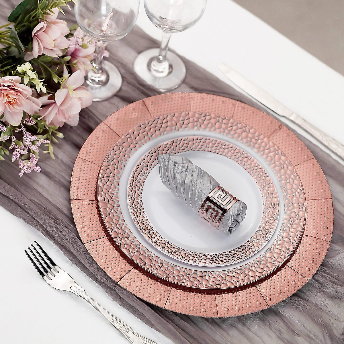 Efavormart 10 Pack | 13" Rose Gold Disposable Charger Plates, Cardboard Serving Tray, Round with Glitter Texture Dotted Rims - 1100 GSM