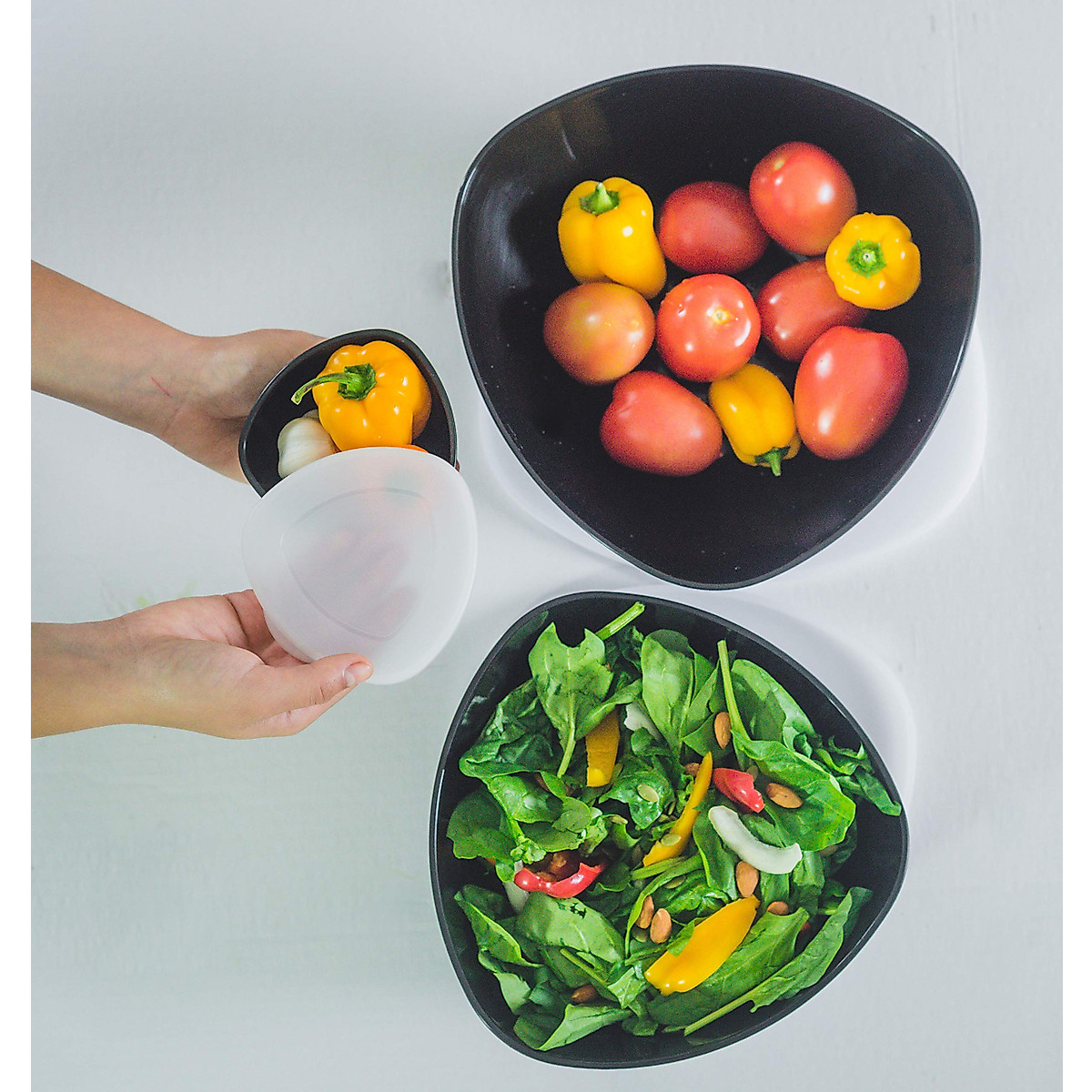 Coza Stackable and Unbreakable Serving Bowl for Mixing, Serving, Salad or Dessert with Lid- Set of 6 (3 Bowls + 3 Lids) (Black)