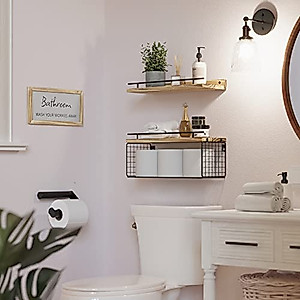 WOPITUES Floating Shelves with Bathroom Wall Décor Sign, Wood Floating Bathroom Shelves Over Toilet with Toilet Paper Storage Basket Set of 3, Floating Shelf with Guardrail for Wall Décor–Light Brown