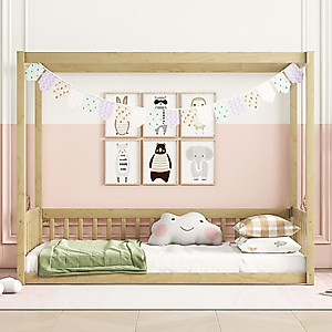 VilroCaz Twin Size Canopy Floor Bed with Fence for Kids Teens Boys& Girls, Solid Wood Montessori Beds Kids Platform Bed Frame, Easy to Assemble (Natural-CP)