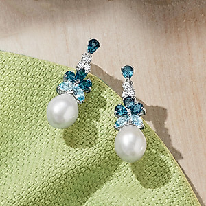 Ross-Simons 8.5-9mm Cultured Pearl and 2.30 ct. t.w. Blue and White Topaz Drop Earrings in Sterling Silver