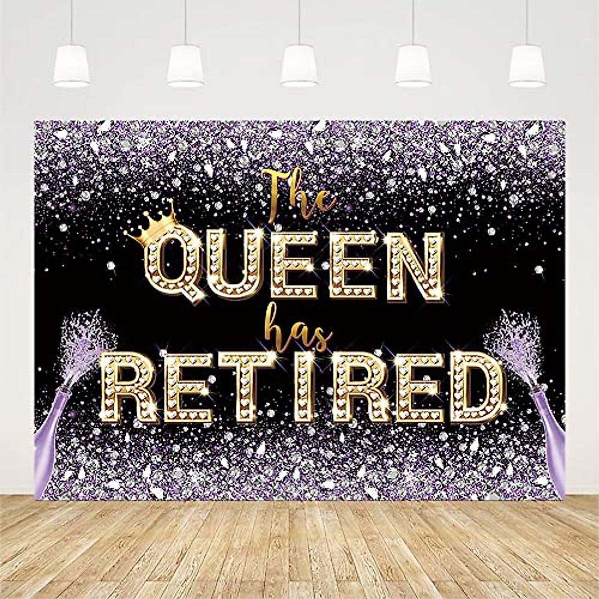 AIBIIN 7x5ft The Queen Has Retired Backdrop Happy Retirement for Woman Farewell Party Purple Black Gold Glitter Diamond Champagne Crown Background Officially Congrats Retire Decoration Banner Props
